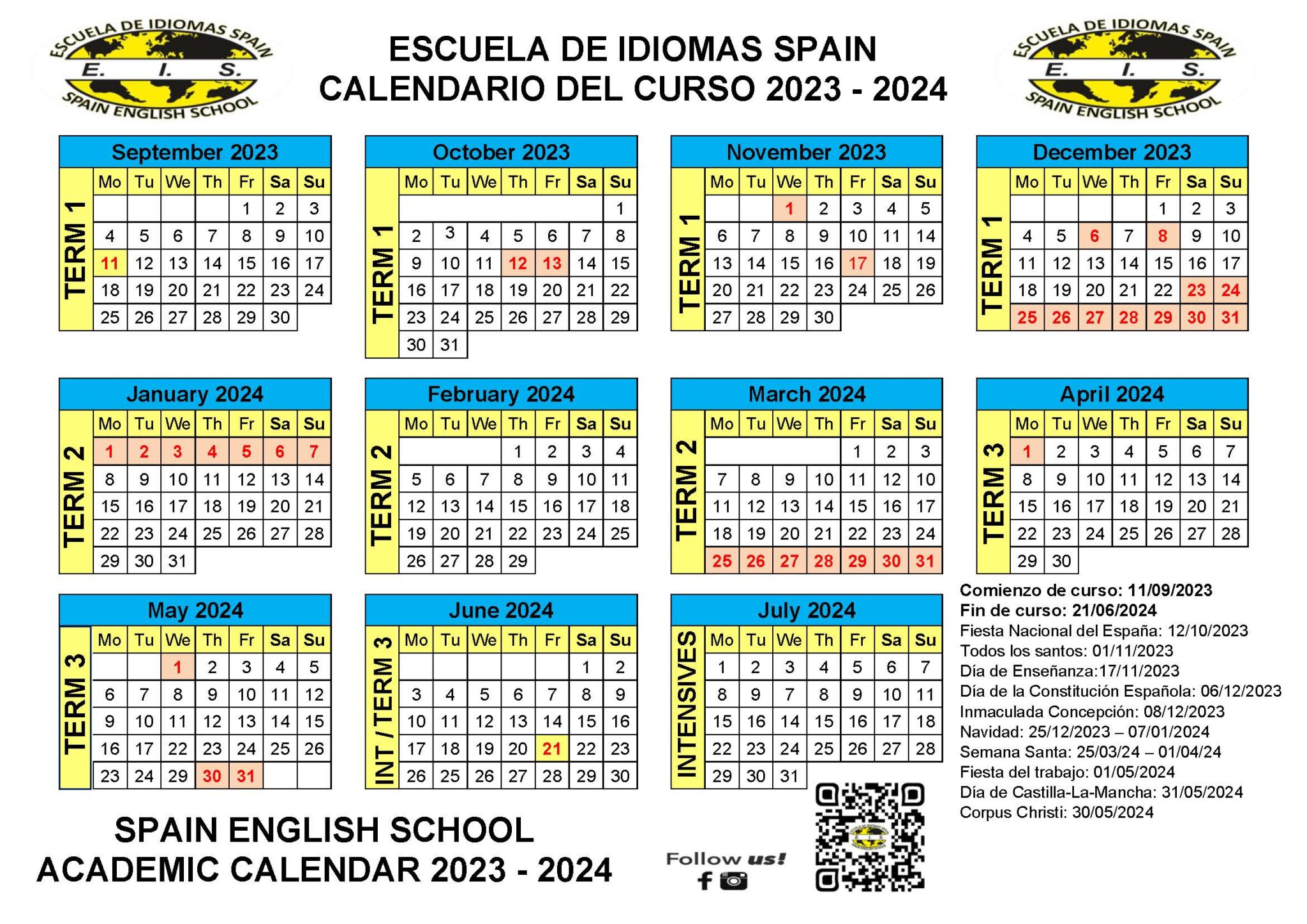 Calendario Escolar – ESCUELA DE IDIOMAS SPAIN